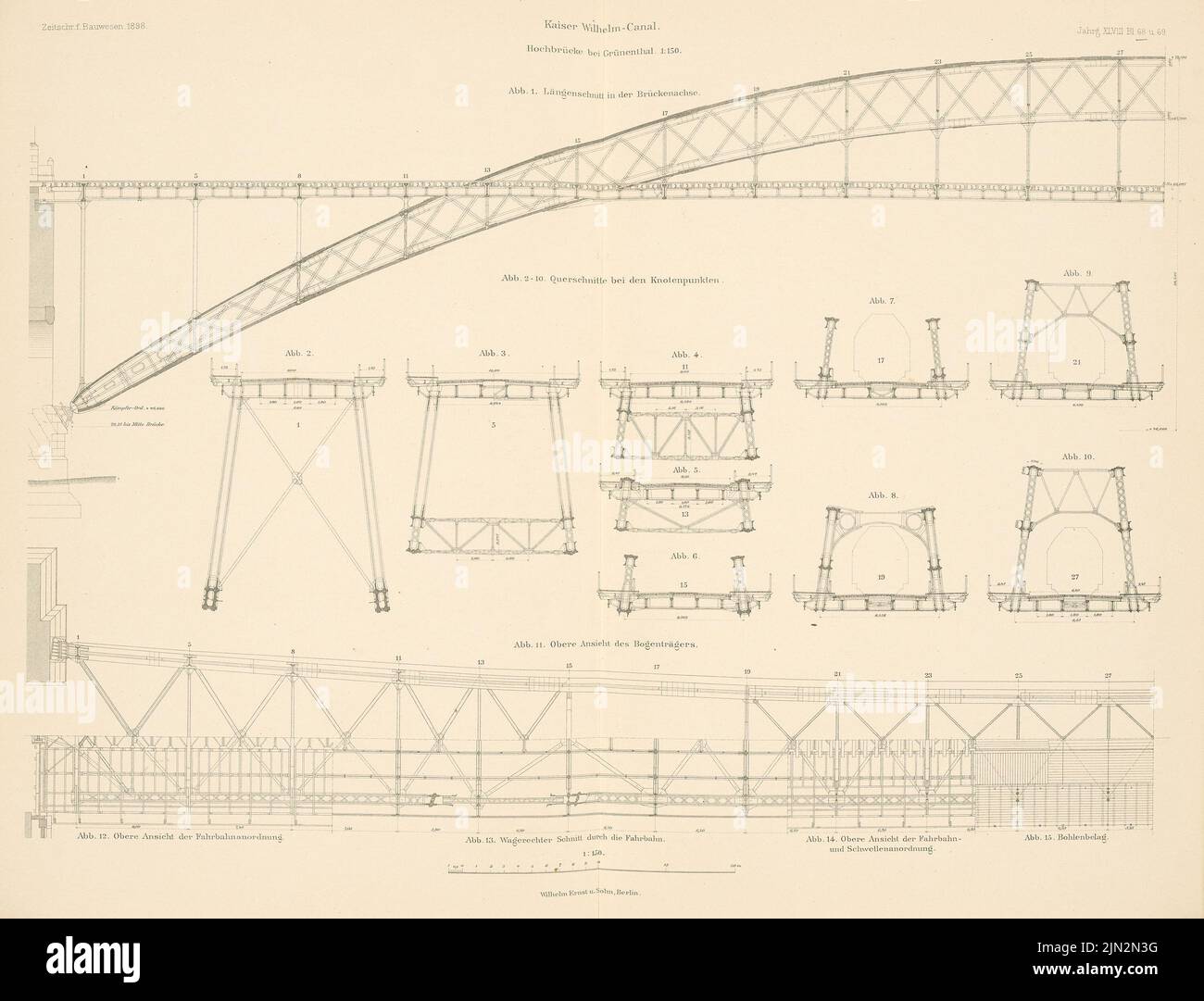 Kaiser-Wilhelm-Canal (North Ostsee Canal). Hochbrücke, Grünental: View, cuts 1: 150 (from: Atlas ...