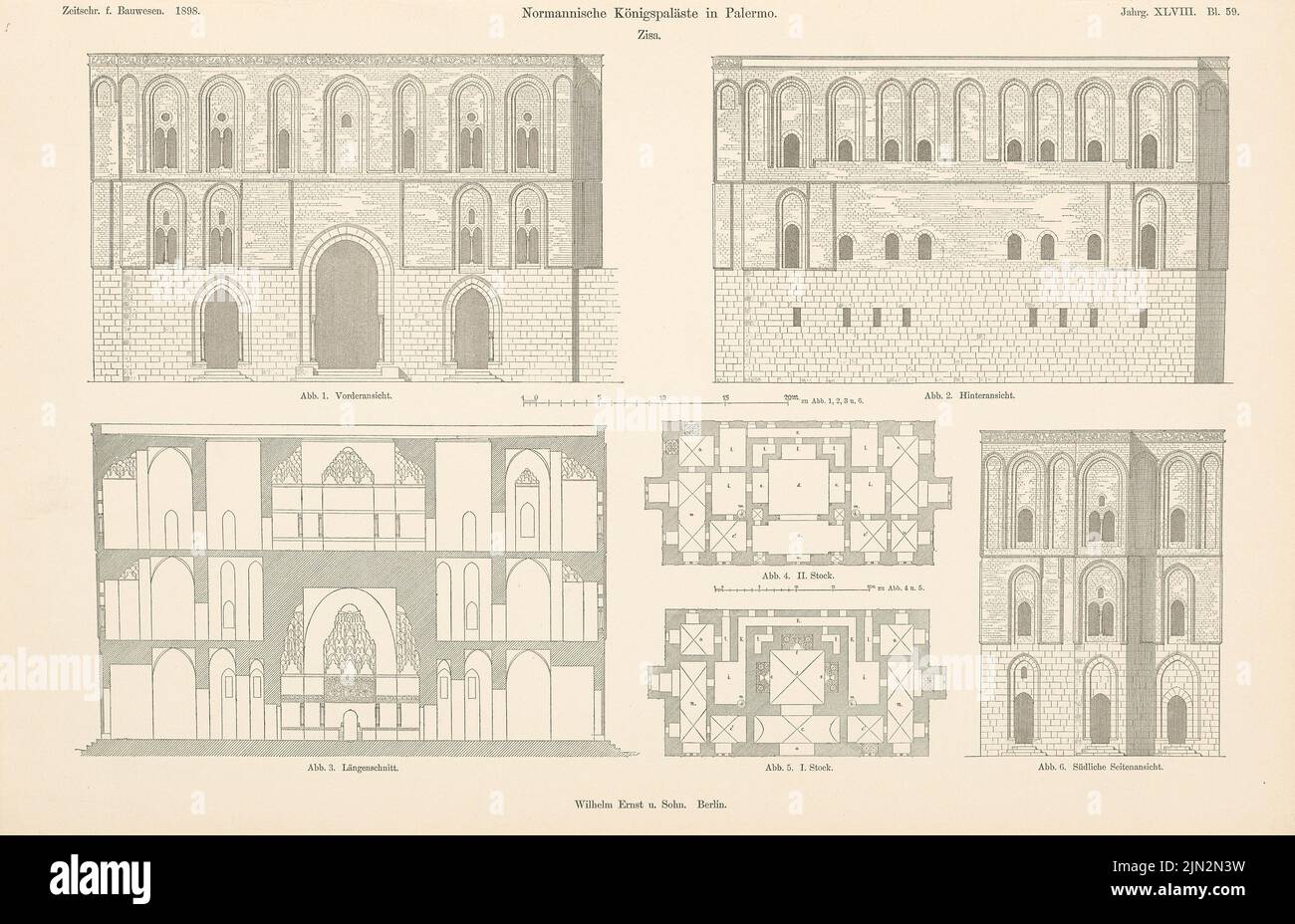 Norman royal palaces, Palermo: Zisa: views, floor plans, cut (from ...
