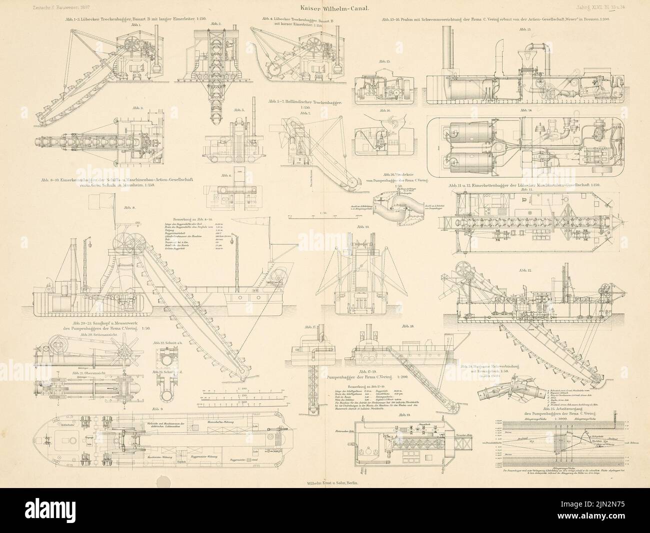 Kaiser-Wilhelm-Canal (North Ostsee Canal). Excavator and prahm: floor plans, views, cuts (from ...