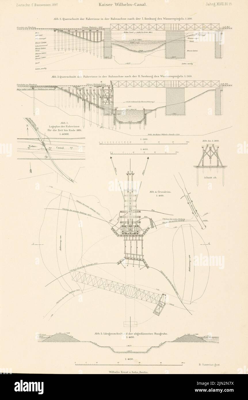 Kaiser-Wilhelm-Canal (North-Ostsee Canal): site plan, floor plan, cross-sections of the fairway ...