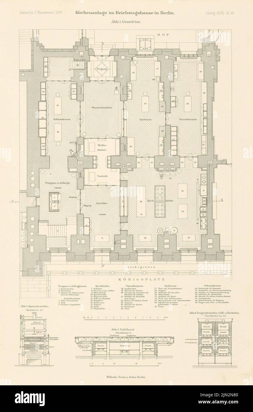Kitchen complex of the Reichstag, Berlin: floor plan, details (from ...