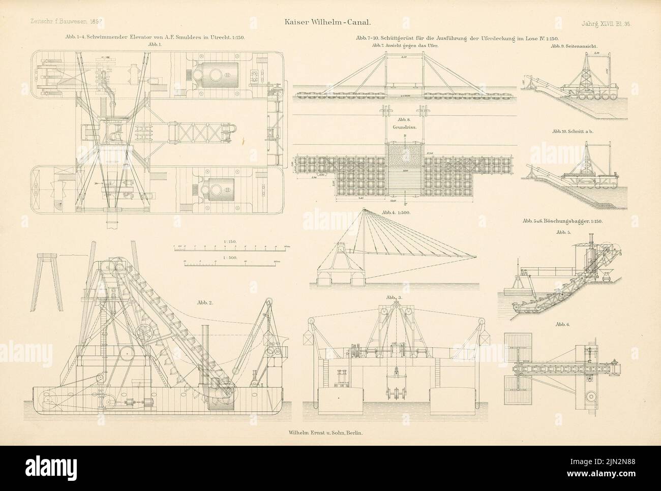 Kaiser-Wilhelm-Canal (North Ostsee Canal). Excavator and prahm: floor plans, views, cuts (from ...