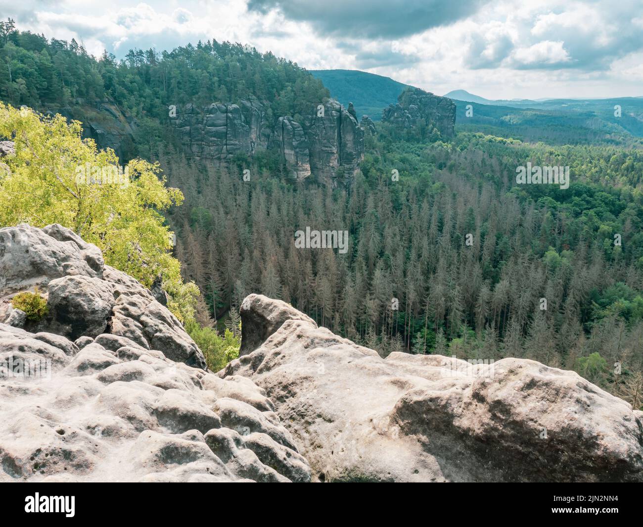 View of beautiful rocky park from the top of the Schrammsteine rocks ...