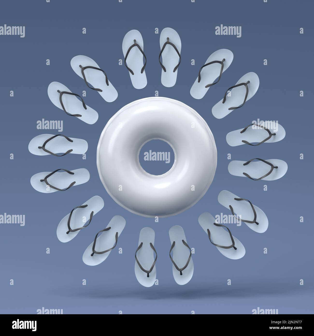 Colorful inflatable rings and flip flops like sun on black and white ...