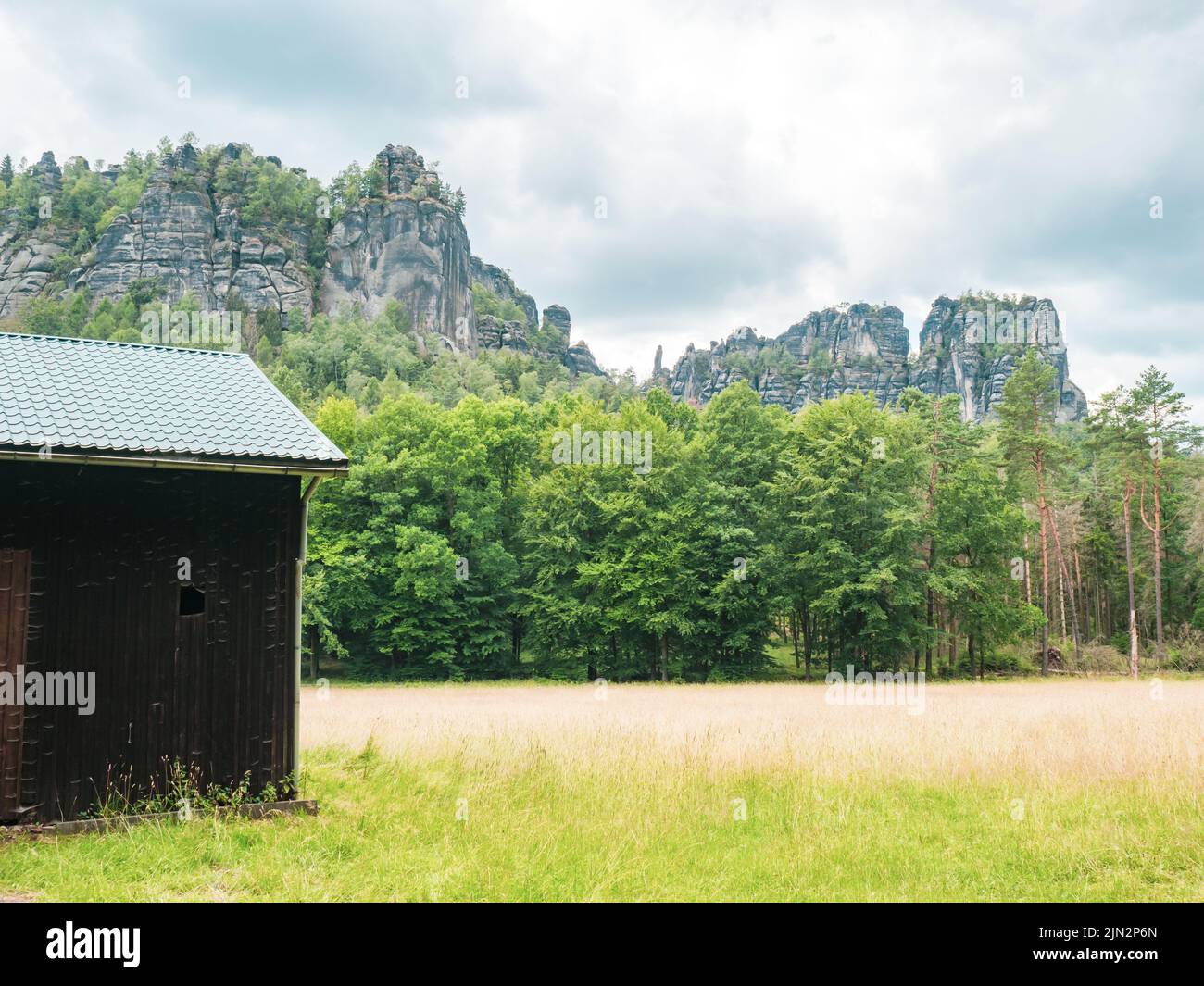 Panorama with Group of rocks Schrammsteine and Falkenstein seen from ...