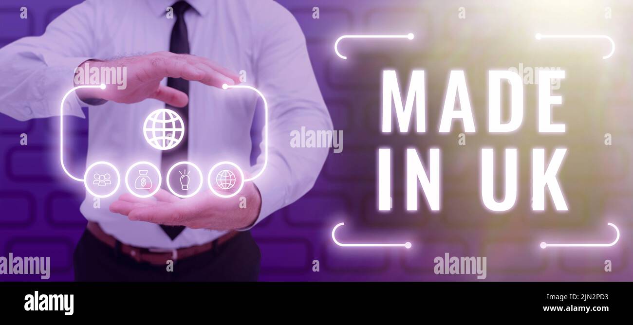 Text caption presenting Made In Uk. Internet Concept Something manufactured in the United ...