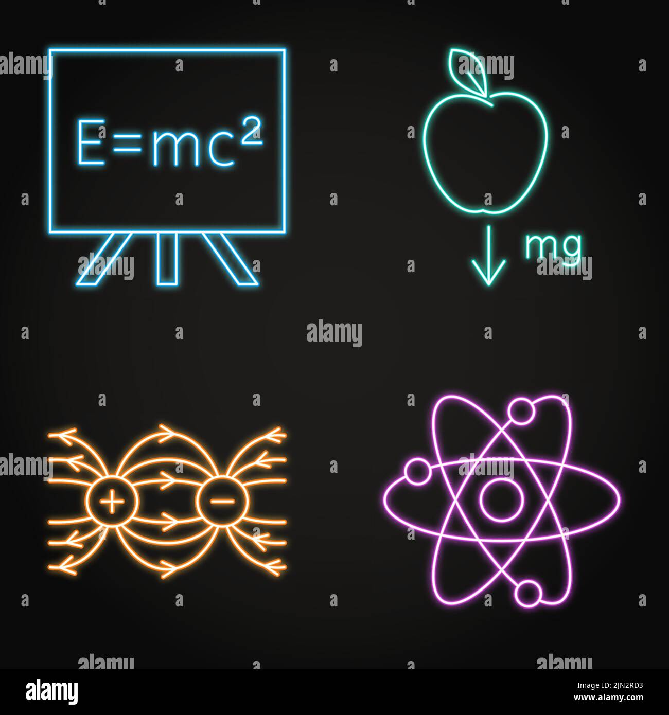 Physics neon icon set in line style. Nuclear physics, energy formula ...