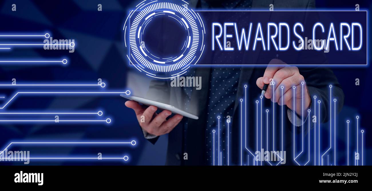 Text showing inspiration Rewards Card. Conceptual photo Help earn cash ...