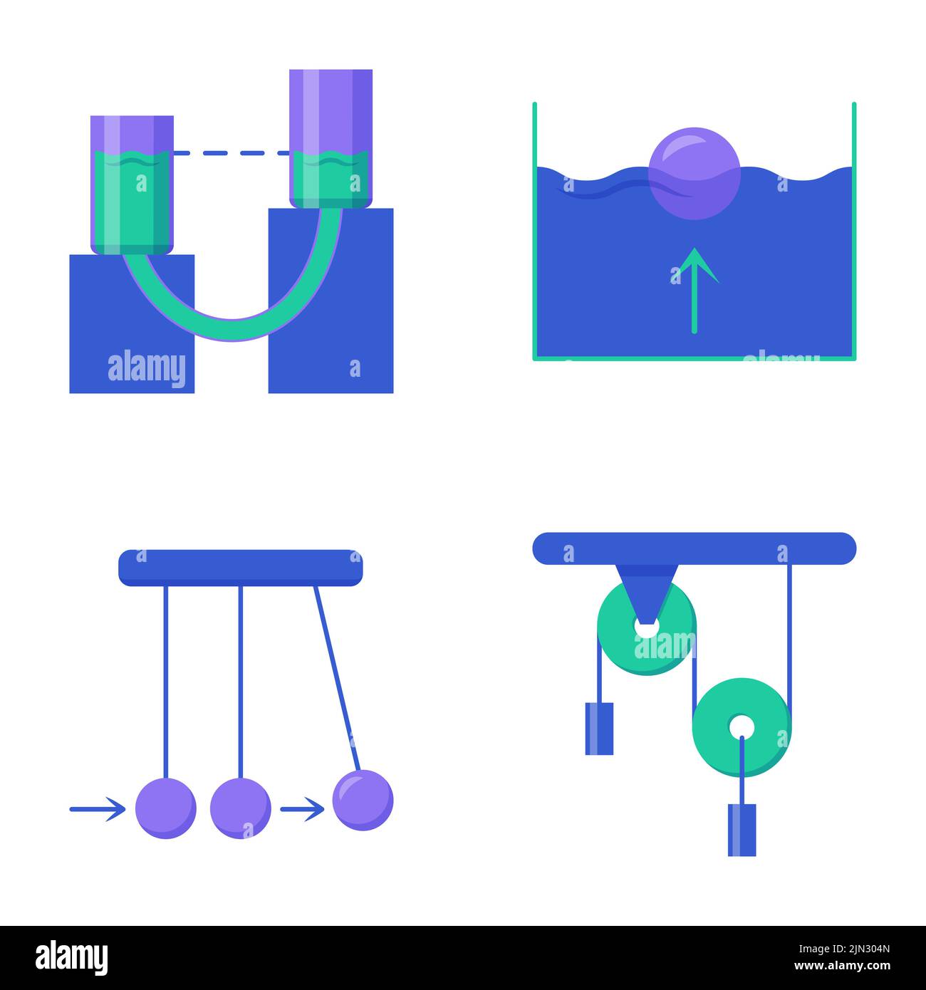 Physics icon set in flat style. Newton cradle, communicating vessels ...