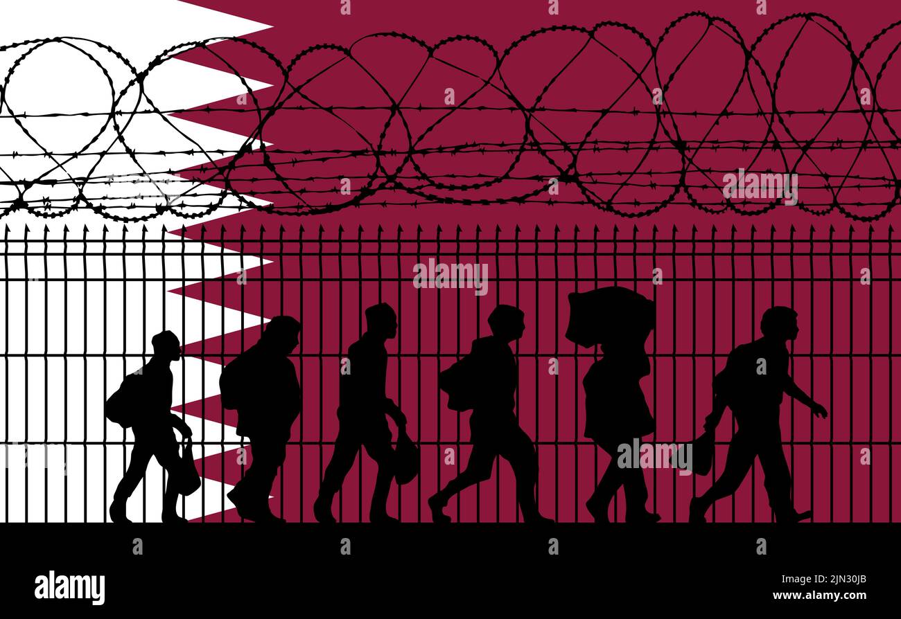 Flag of Qatar - Refugees near barbed wire fence. Migrants migrates to ...