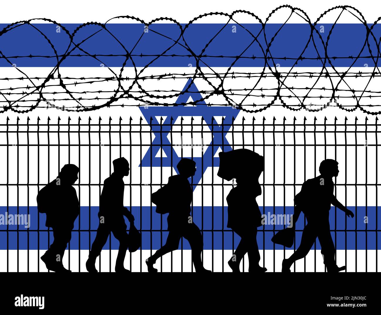 Flag of Israel - Refugees near barbed wire fence. Migrants migrates to ...