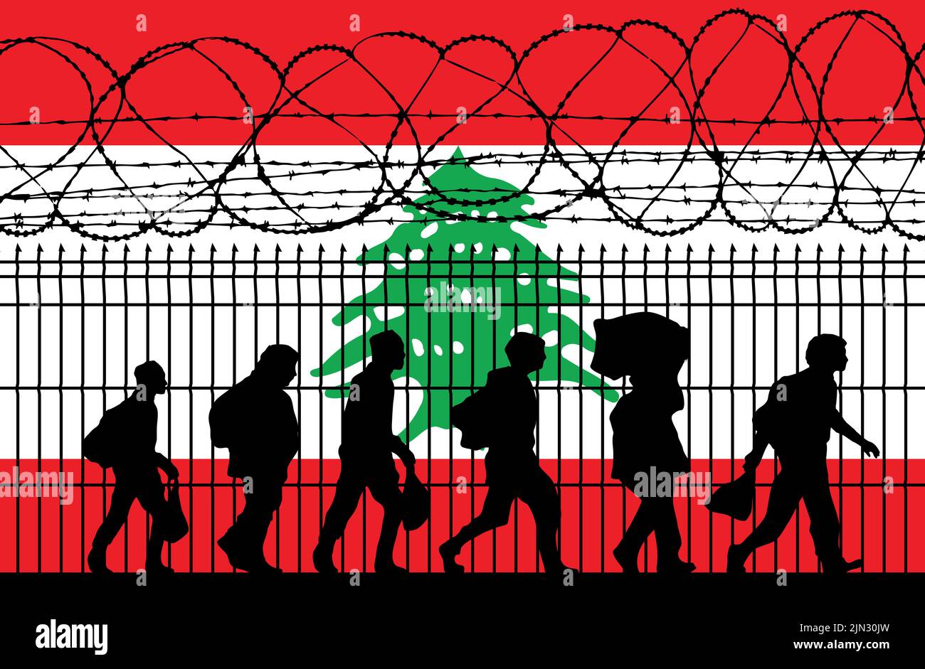Flag of Lebanon - Refugees near barbed wire fence. Migrants migrates to ...