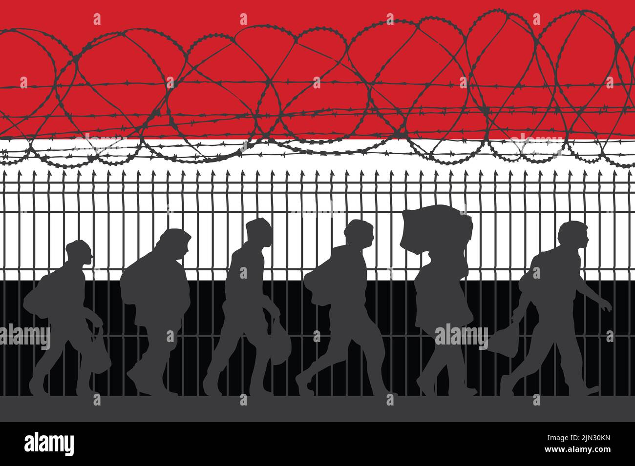 Flag of Yemen - Refugees near barbed wire fence. Migrants migrates to ...