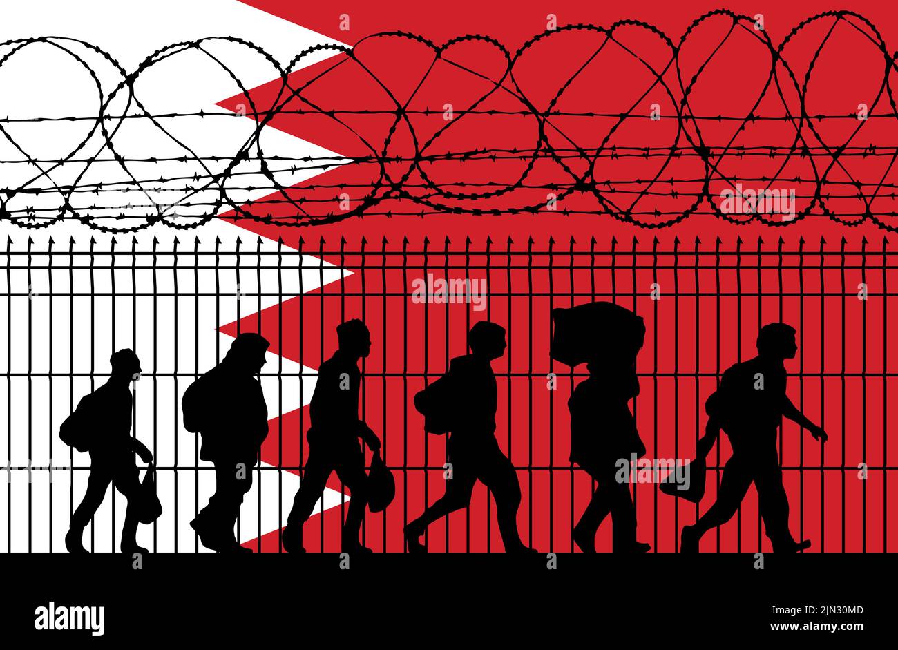 Flag of Bahrain - Refugees near barbed wire fence. Migrants migrates to ...