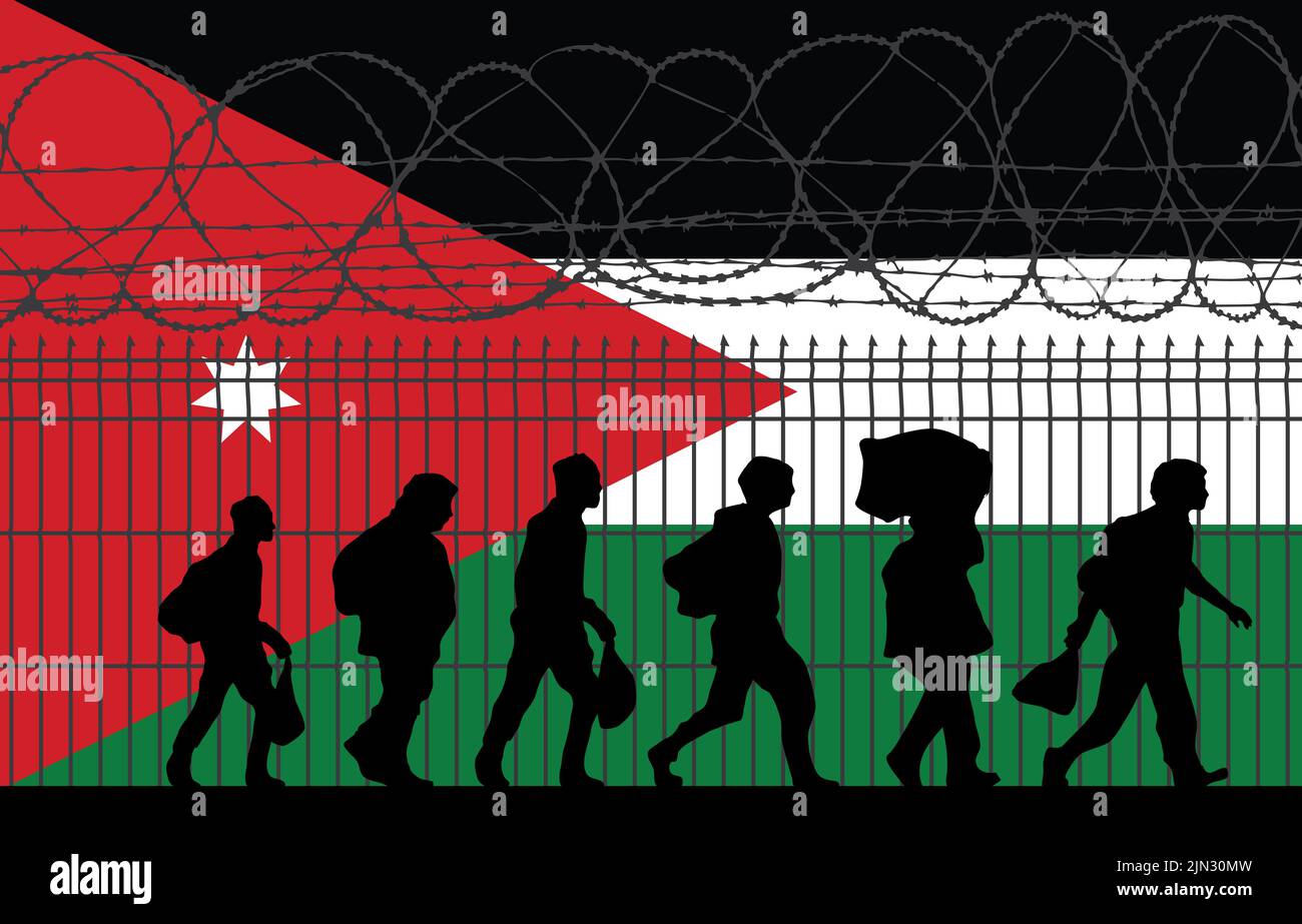 Flag of Jordan - Refugees near barbed wire fence. Migrants migrates to ...