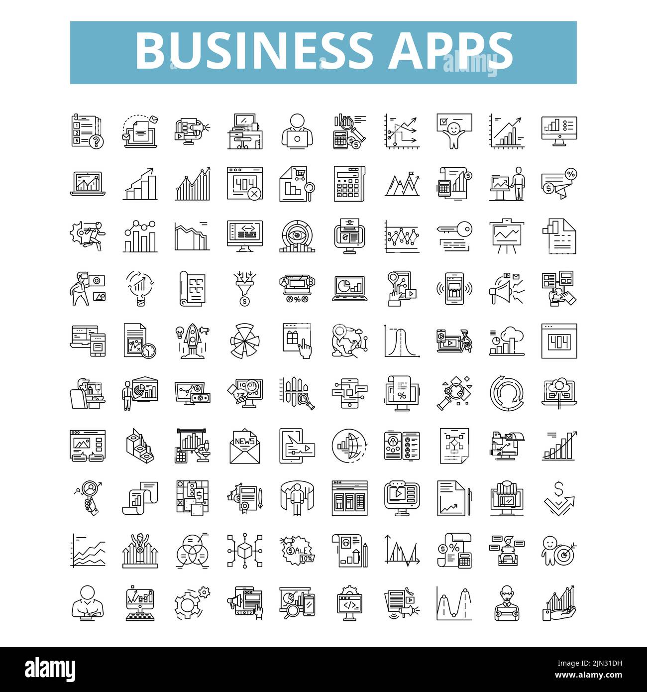 Business apps icons, line symbols, web signs, vector set, isolated ...