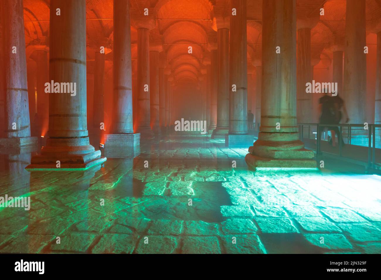 The Basilica Cistern. Turquoise and red light ambient in Basilica ...