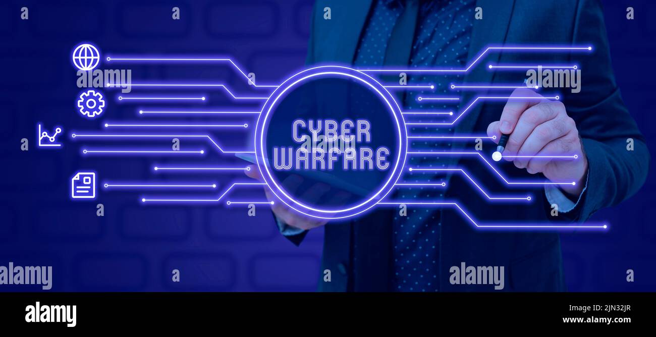 Conceptual caption Cyber Warfare. Business showcase Virtual War Hackers ...