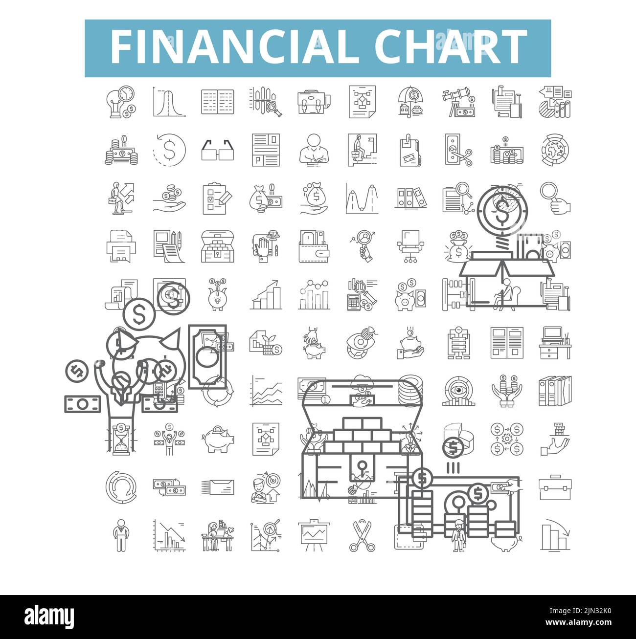 Finance charts icons, line symbols, web signs, vector set, isolated ...