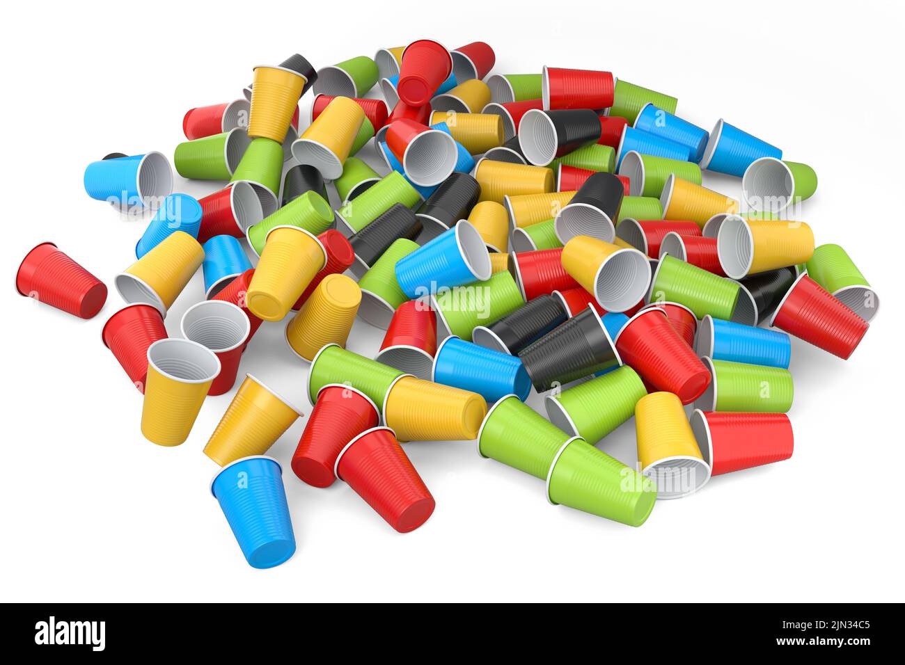 Heap of plastic disposable party cup isolated on white background. 3d ...