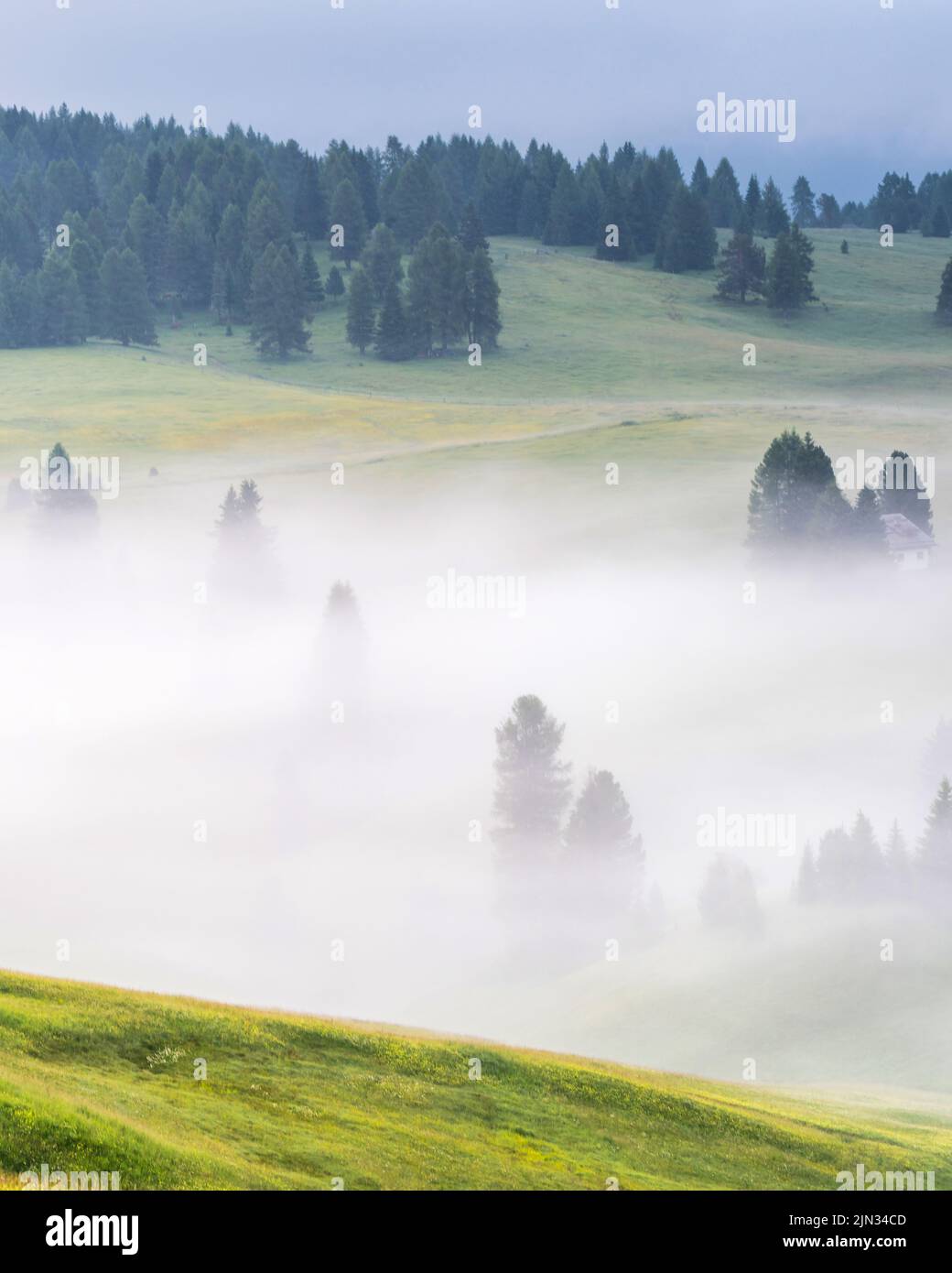 Ethereal green landscape with view of huts and trees on rolling hills ...