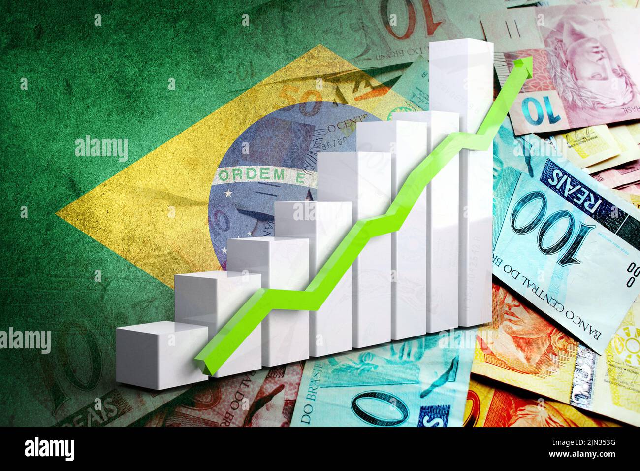 Economy Chart: Upward Arrow, Brazilian Reals Cash Bills and Brazil Flag ...
