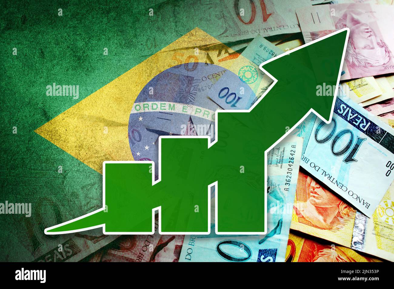 Economy Chart: Upward Arrow, Brazilian Reals Cash Bills and Brazil Flag ...