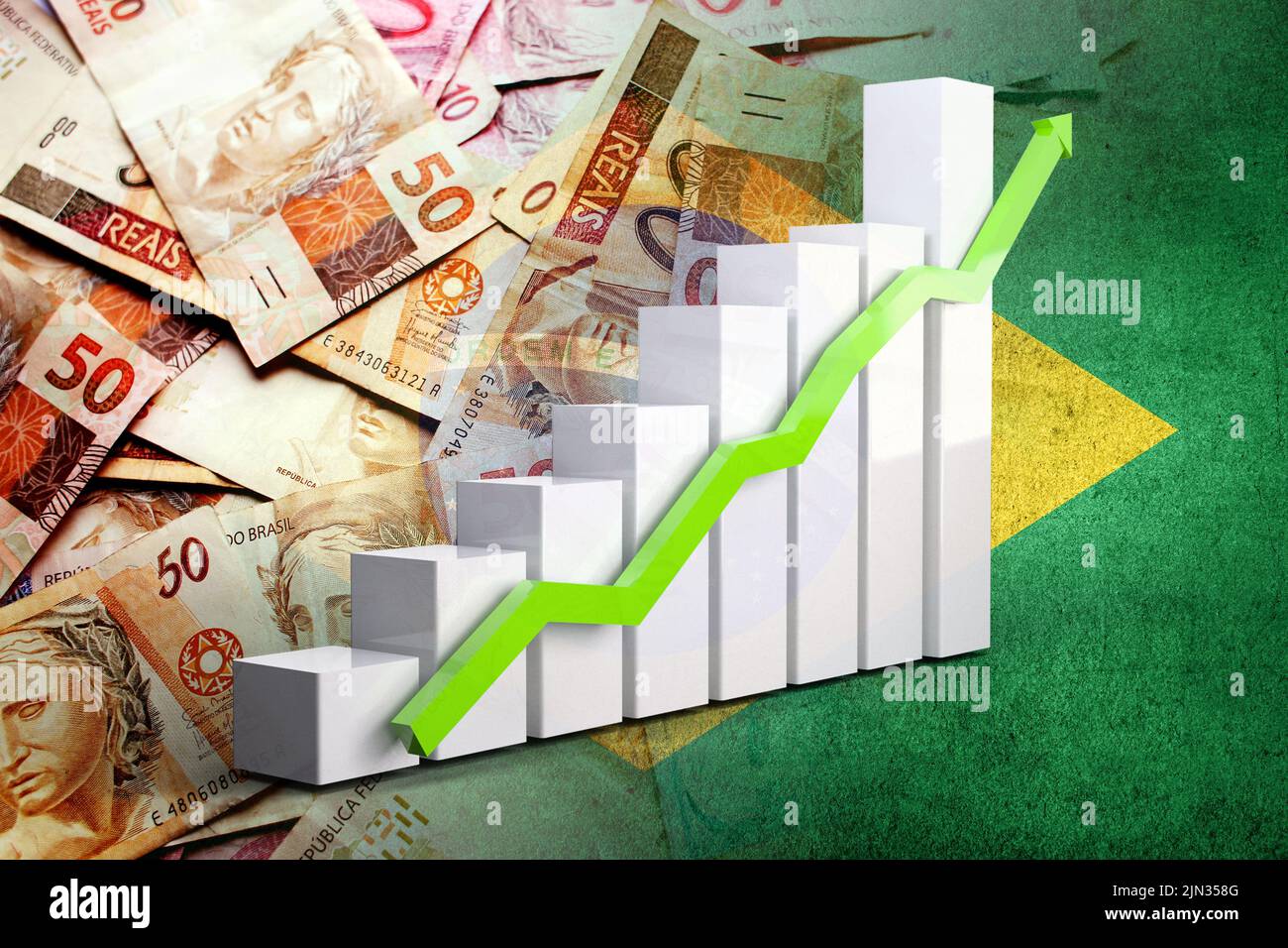Economy Chart: Upward Arrow, Brazilian Reals Cash Bills and Brazil Flag ...
