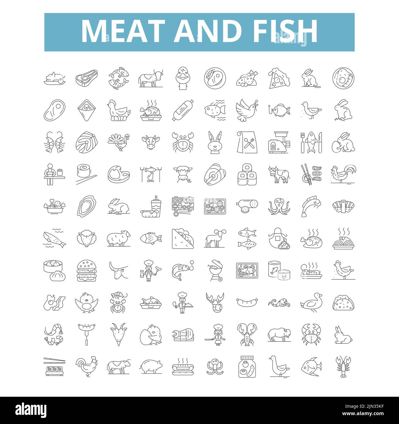 Meat and fish icons, line symbols, web signs, vector set, isolated ...