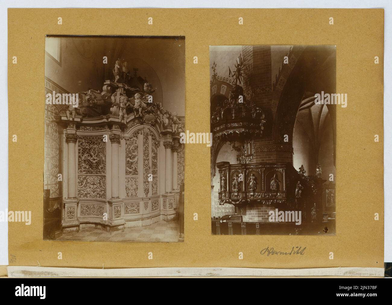 Church, Wormditt: View of the confessional, view of the pulpit (from ...