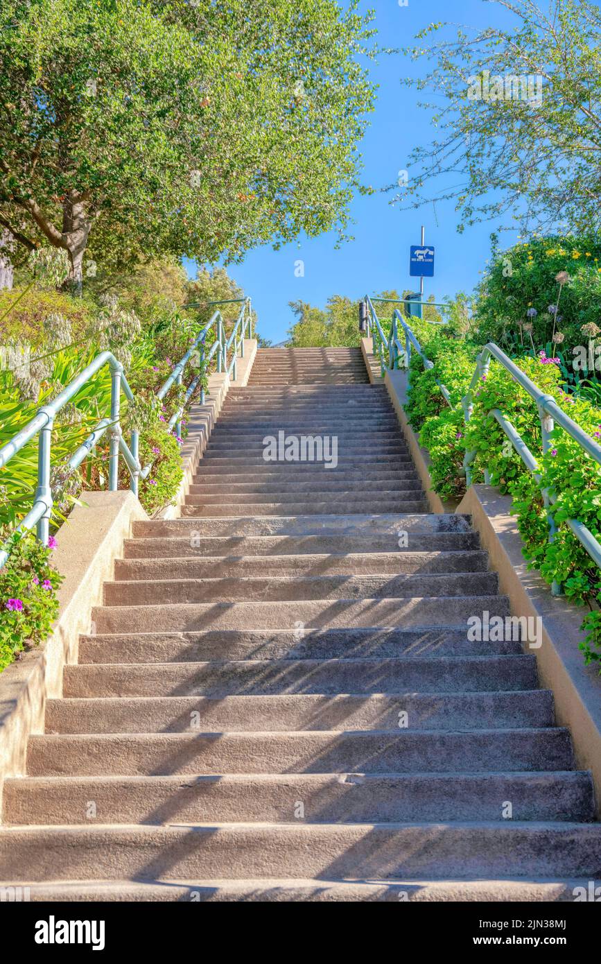 Straight outdoor staircase with concrete steps and metal handrails in ...