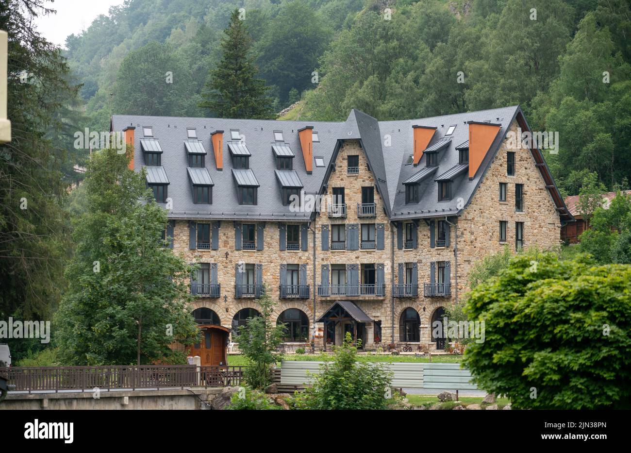 large guest hotels in a mountain valley, Cirque de Gavarnie, Pyrenees ...