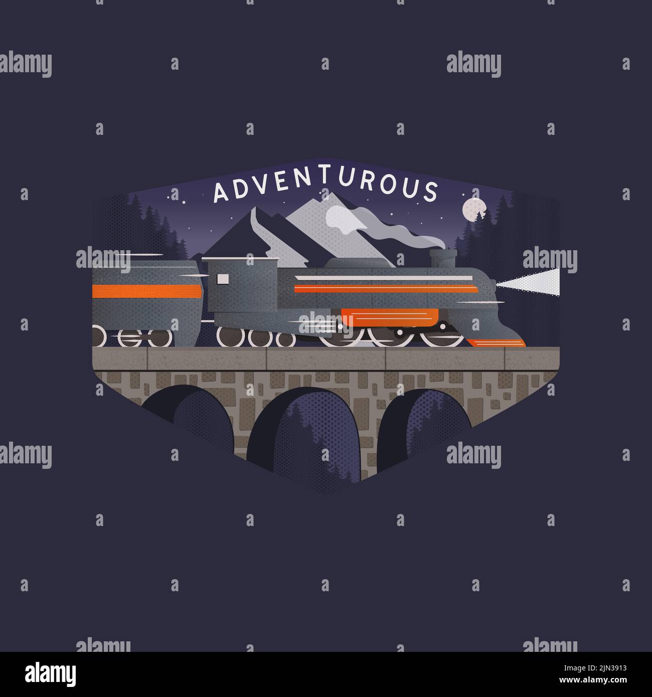 Adventure vector design with train and mountains isolated on dark ...