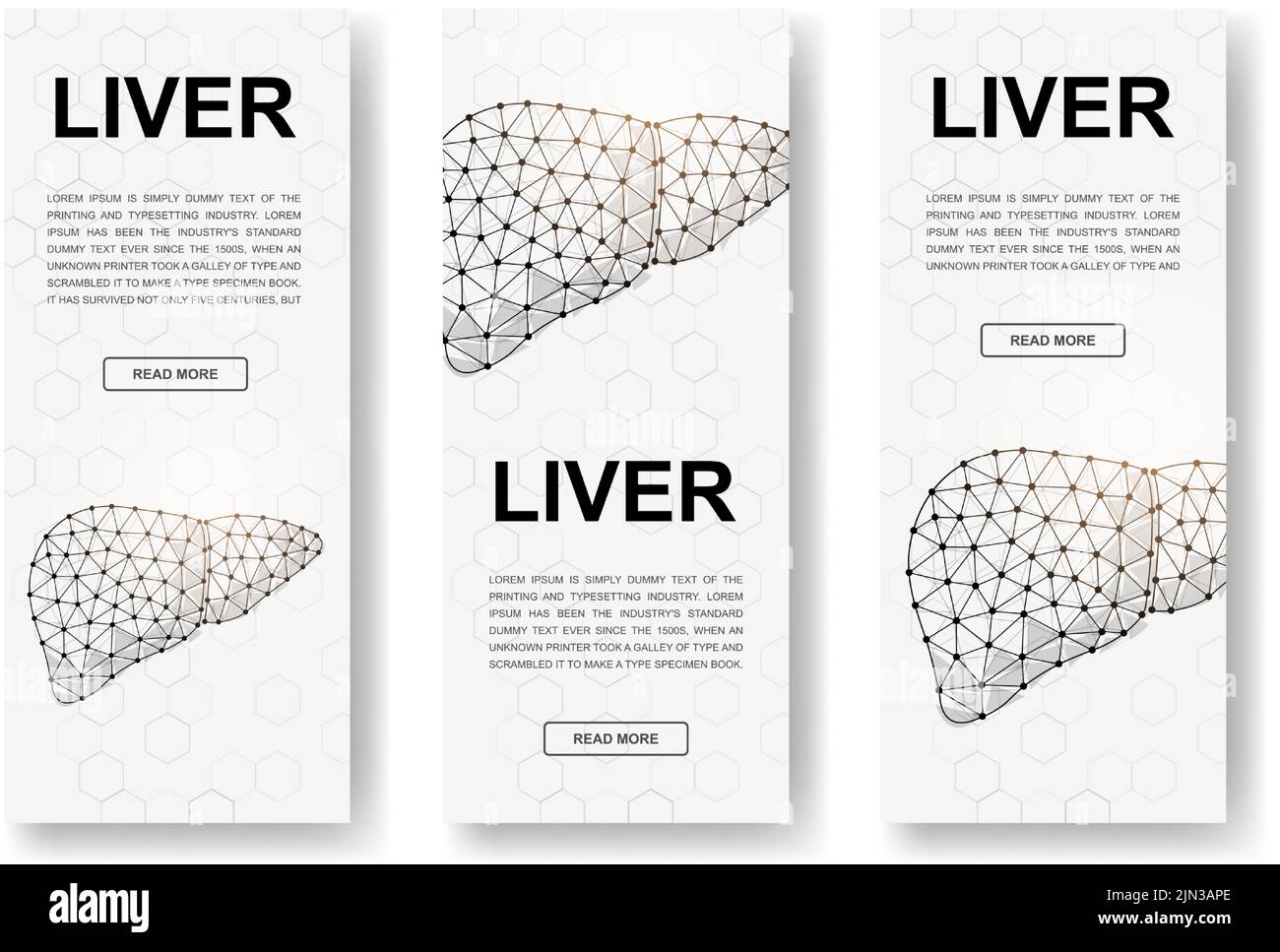 Set of three Liver polygonal vertical banners. 3d Organ anatomy low poly symbols with connected ...