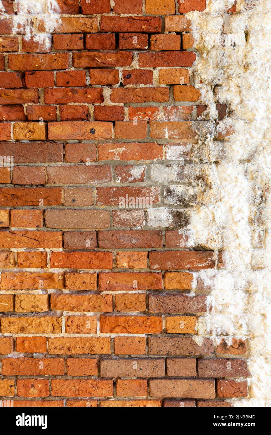 Very old handmade brick wall with significant lime deposits. Concepts ...