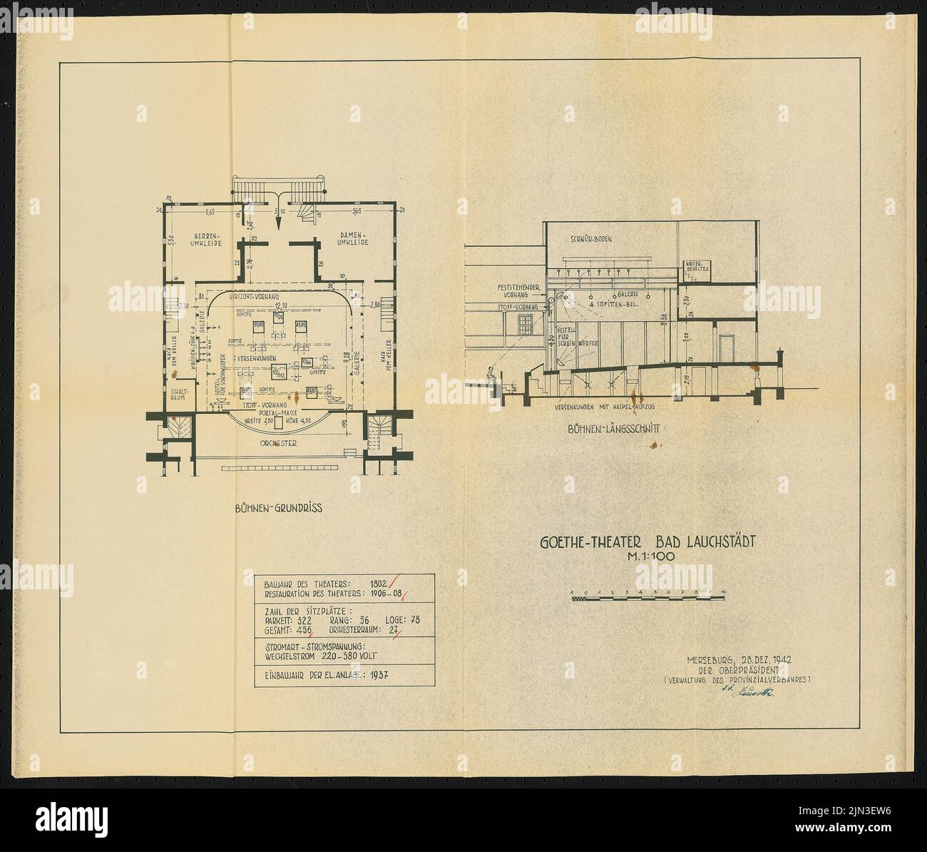 Goethe Theater, Bad Lauchstädt: stage floor plan and stage longitudinal ...