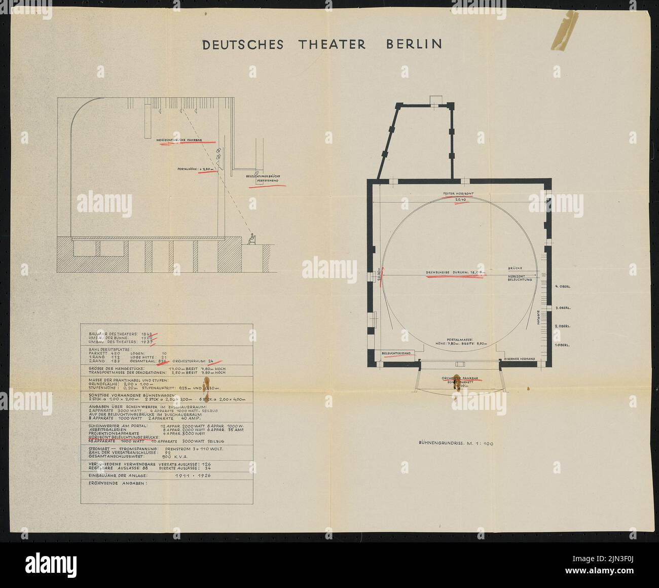 German theater, Berlin: floor plan and long -cutting stage 1: 100 Stock ...