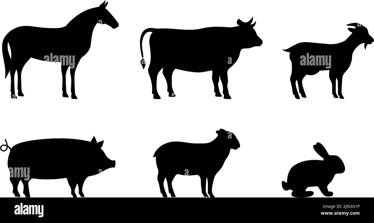 Set of Farm animal silhouettes. Pig, Horse, Goat, Sheep, Rabbit, Cow ...