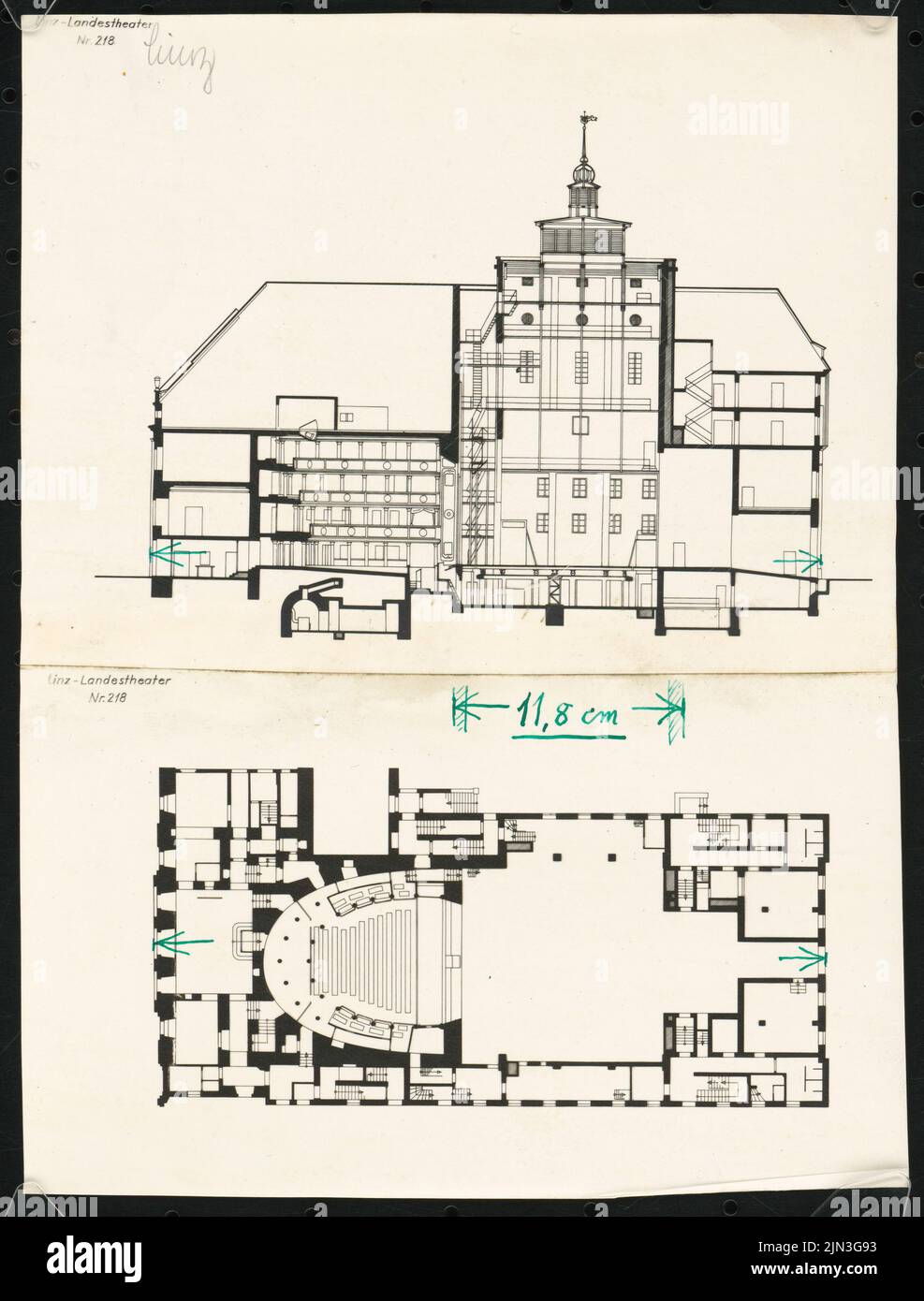 Landestheater, Linz: floor plan and longitudinal section Stock Photo ...