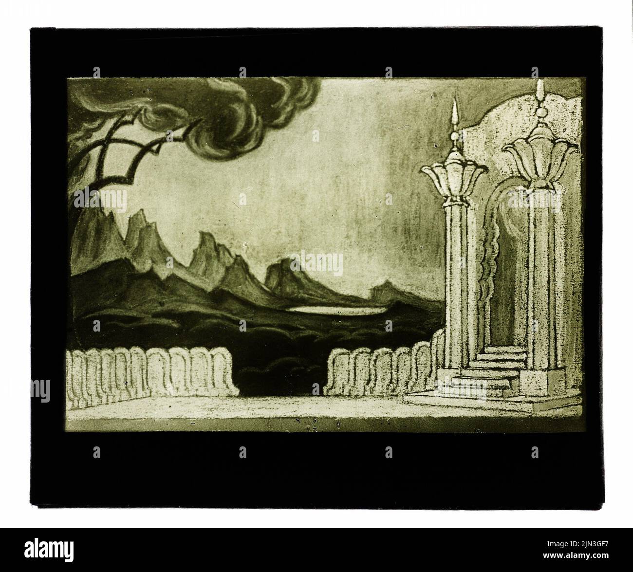 Stage design: Pavilion entrance in front of mountain landscape Stock ...