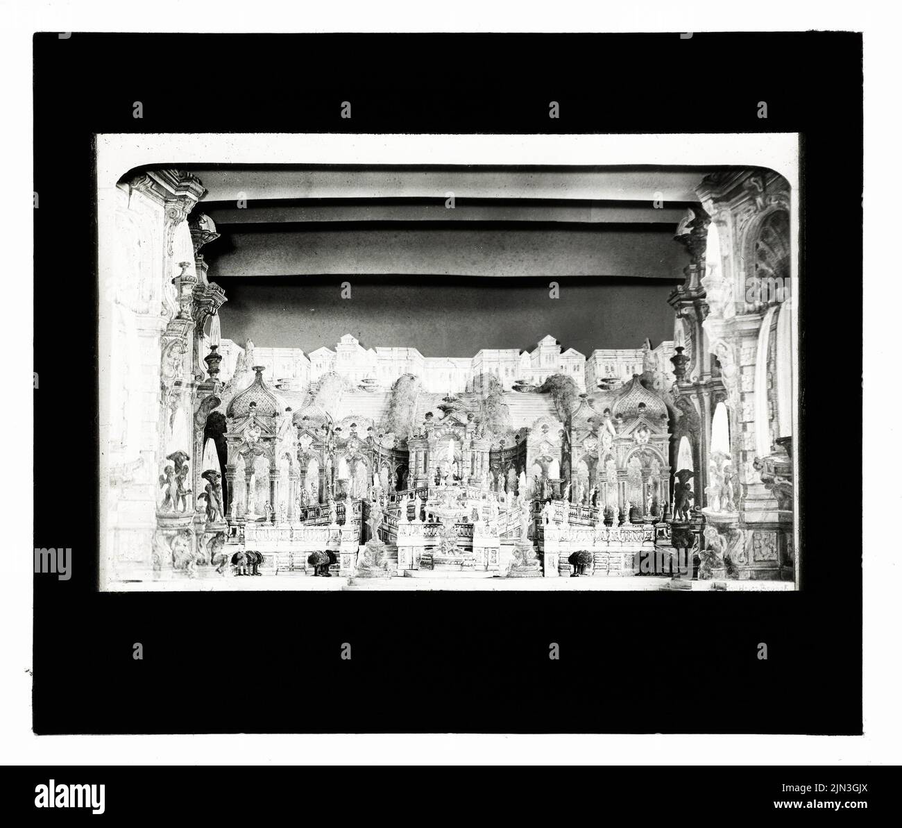 Stage design: Model, view of an elaborate staircase with many statues ...