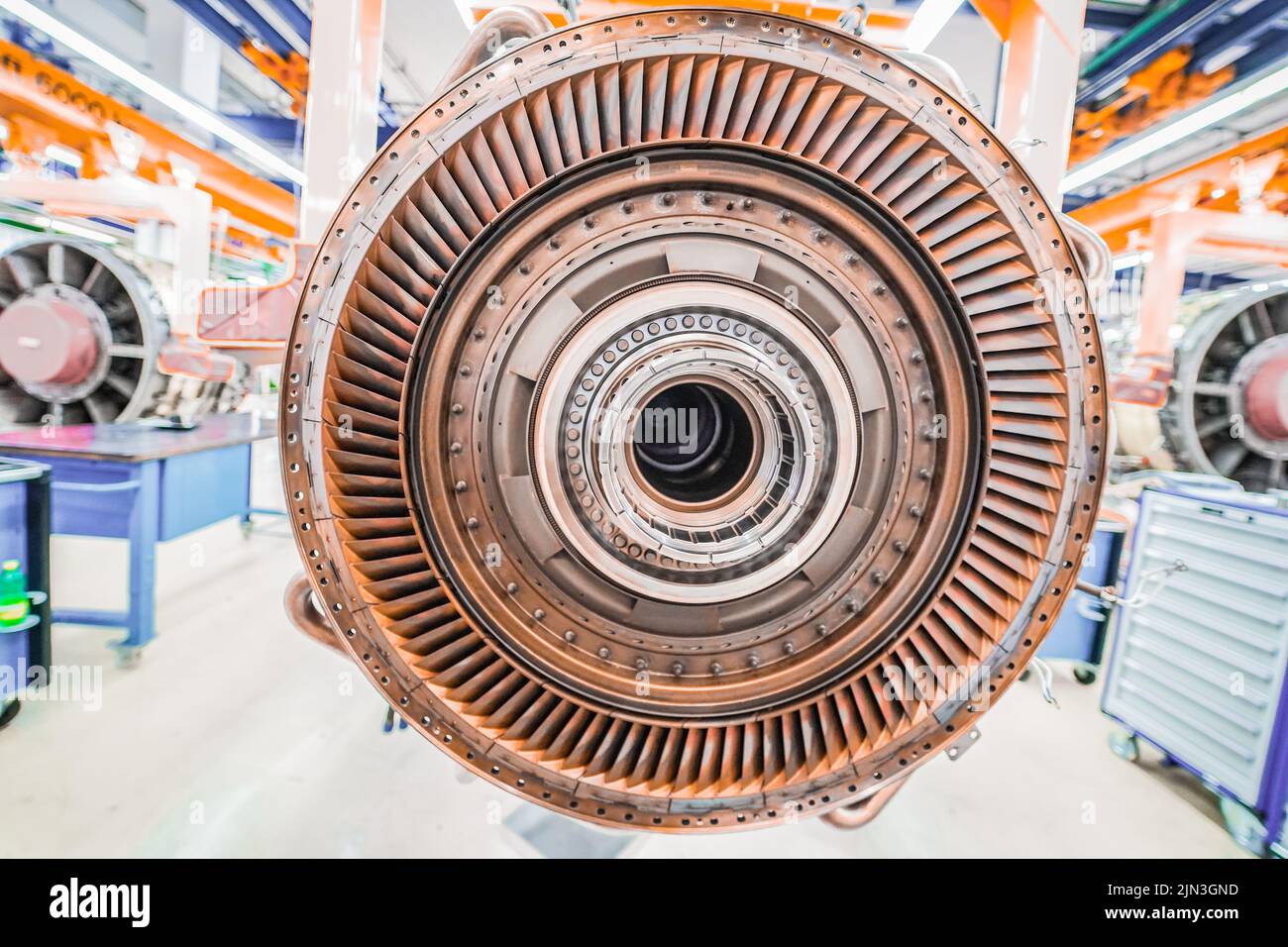 The engine of an aircraft in the workshop in process of disassembly ...