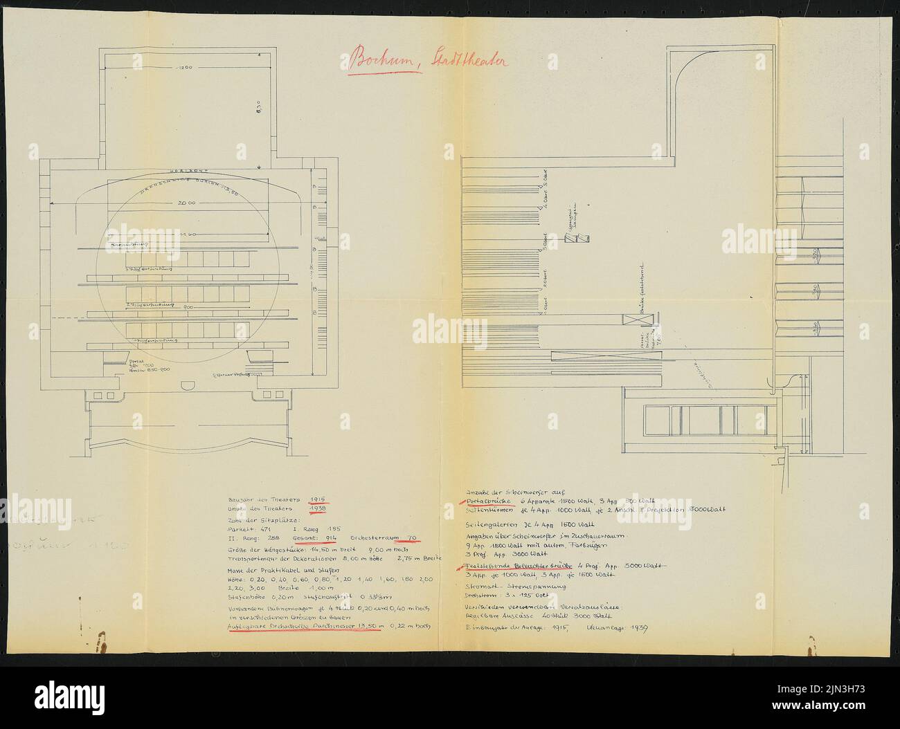 City theater, Bochum: stage floor plan and stage longitudinal section 1 ...