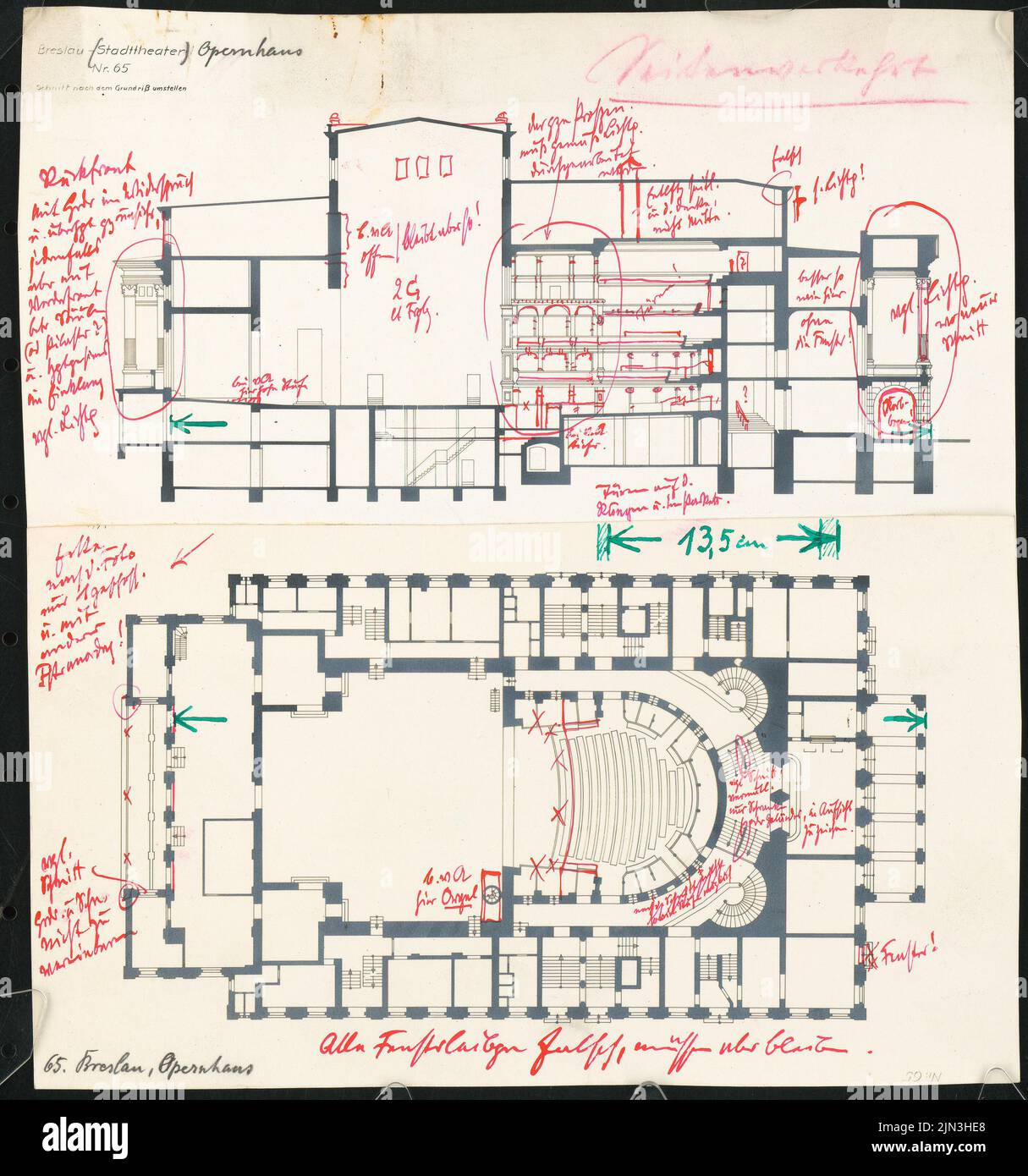 Opera house, Wroclaw: floor plan and longitudinal section Stock Photo ...