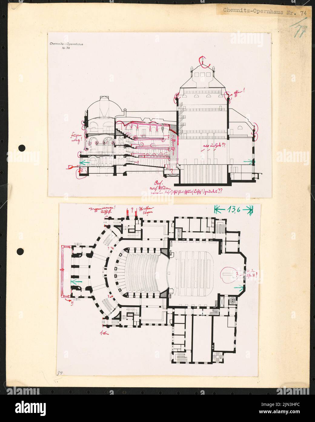 Opera house, Chemnitz: floor plan and longitudinal section Stock Photo ...
