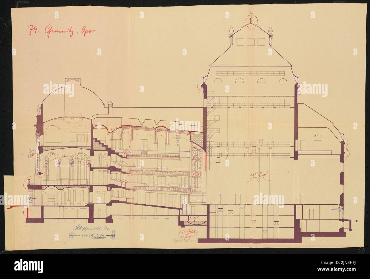 Opera house, Chemnitz: longitudinal section 1: 100 Stock Photo - Alamy
