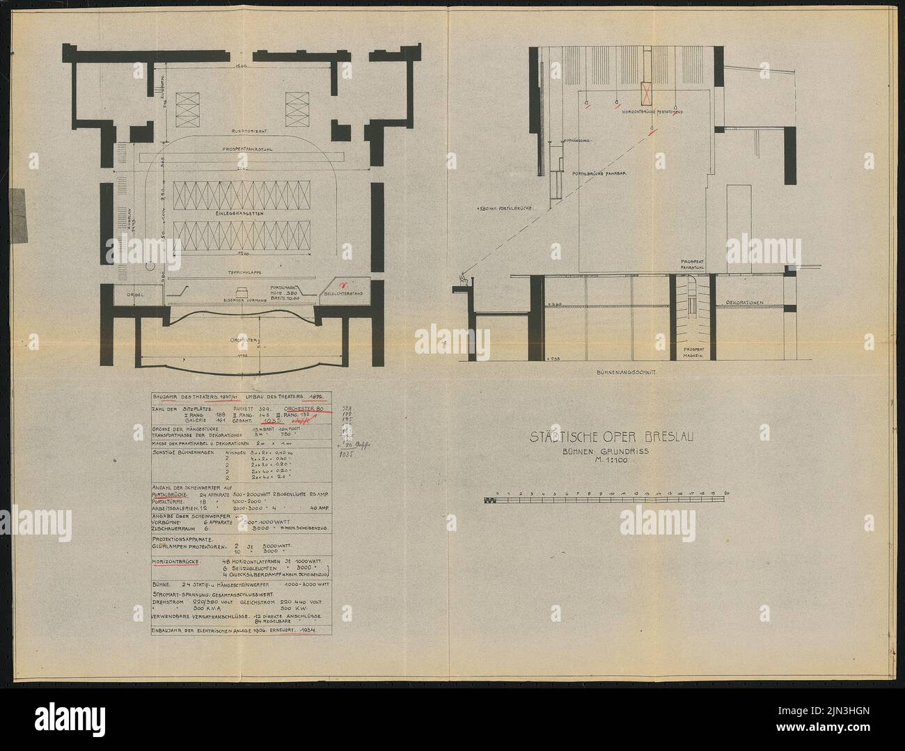 Opera house, Breslau: stage floor plan and stage longitudinal section 1 ...