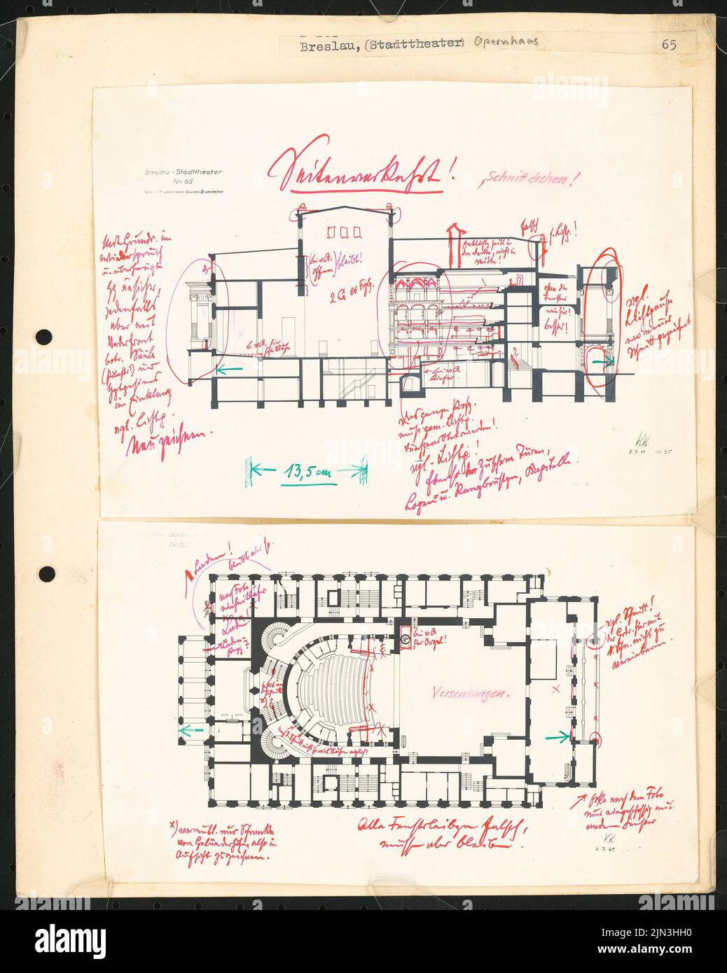 Opera house, Wroclaw: floor plan and longitudinal section Stock Photo ...