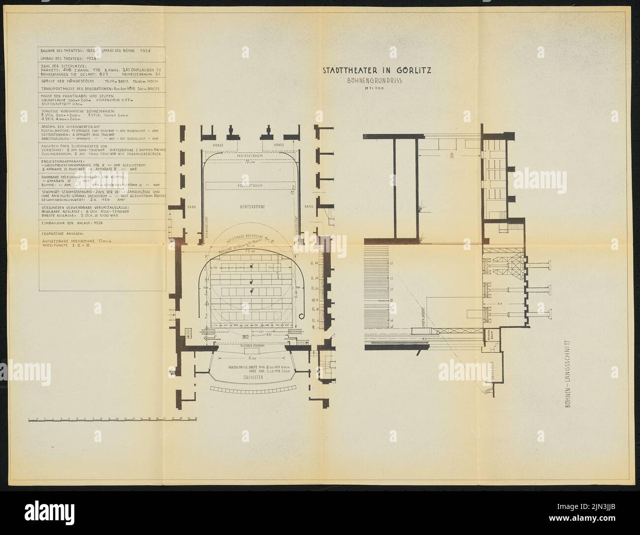 City Theater, Görlitz: Stage Floor Plan and Stage Longitudinal Section ...