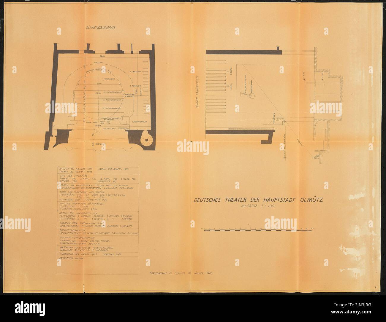 German theater, Olomütz: stage floor plan and stage longitudinal ...